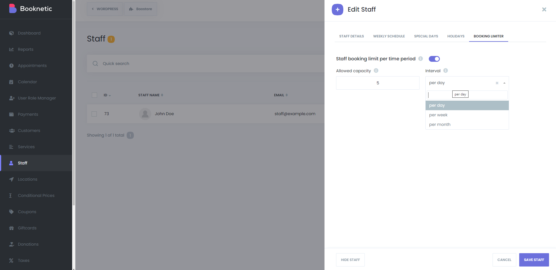 Booking Limit manager